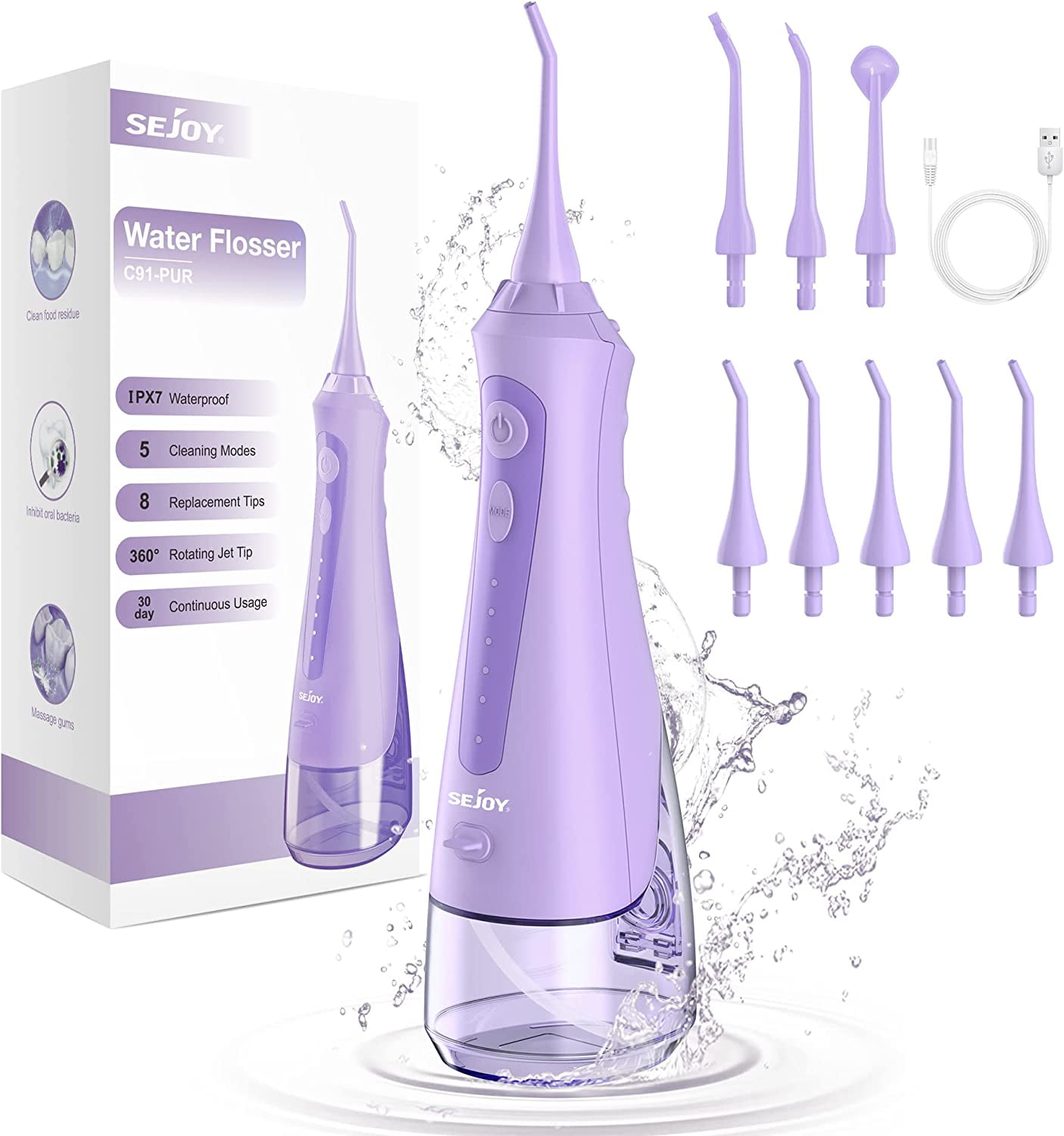 Sejoy Cordless Water Flosser, 230ML Rechargeable Oral Irrigator, 5 ...