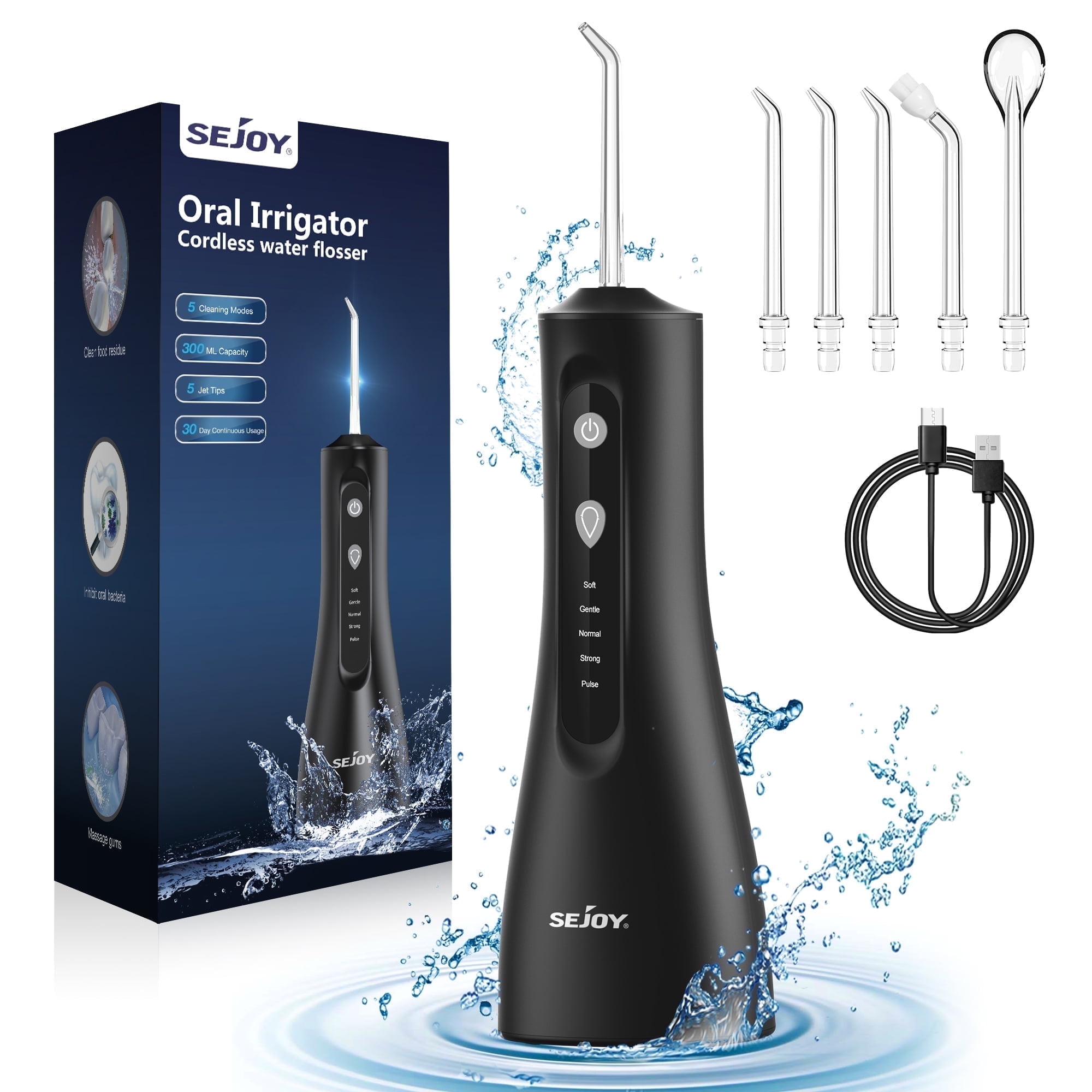 Sejoy Cordless Water Flosser Dental Teeth Cleaner, Portable 300ML Tank ...