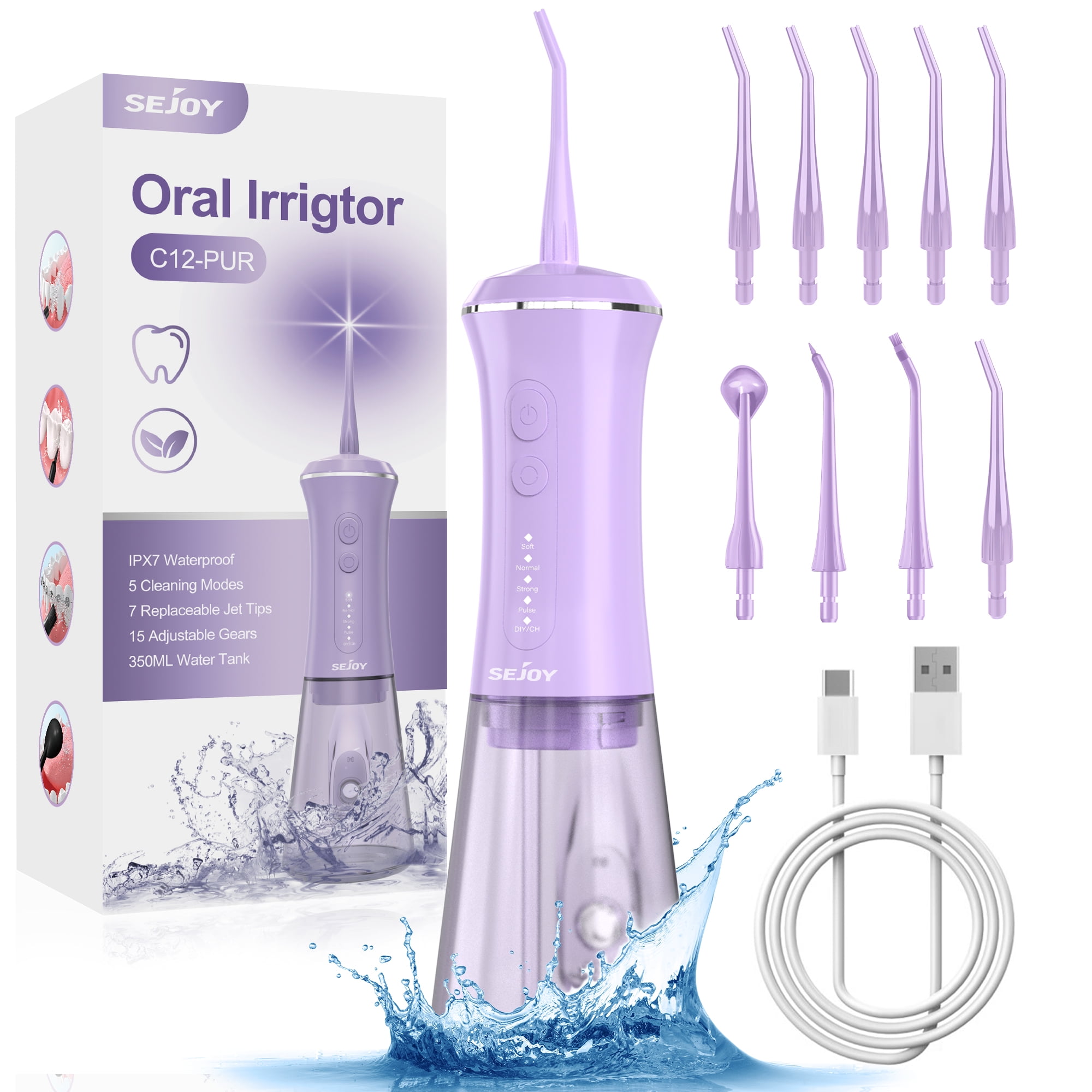 Sejoy Cordless Water Flosser Dental Teeth Cleaner, Portable 350ML Tank ...