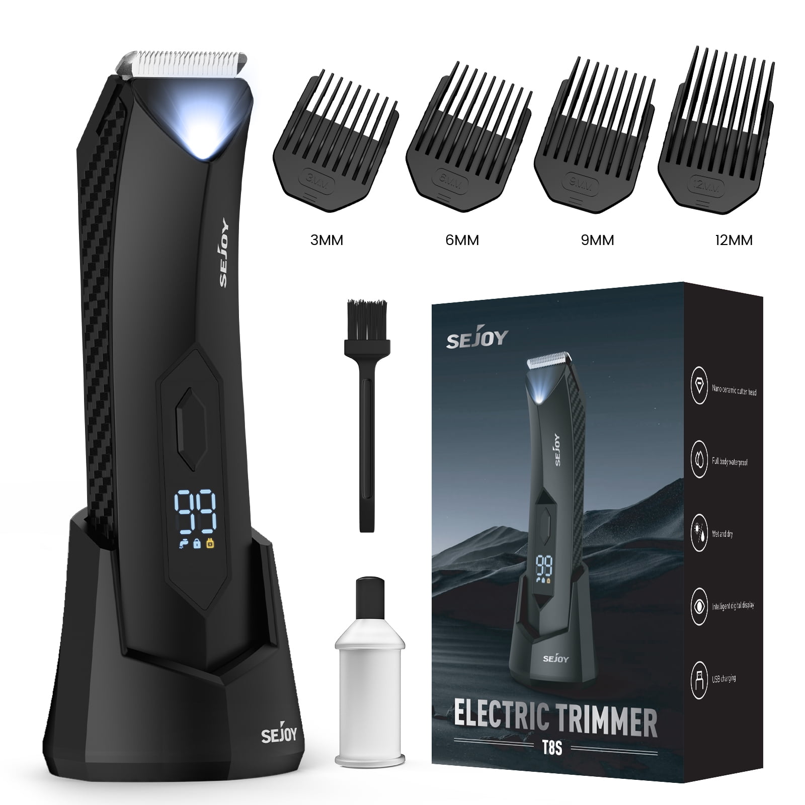 Sejoy Electric Body Hair Trimmer for Men Women with Ceramic Blades LCD Display, 90-Minute ...