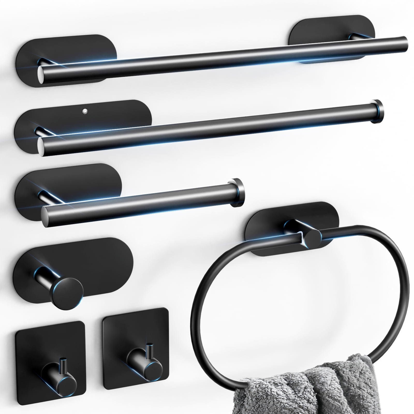 Sekaer 7-Piece Bathroom Hardware Set - Matte Black Steel, Self-Adhesive ...