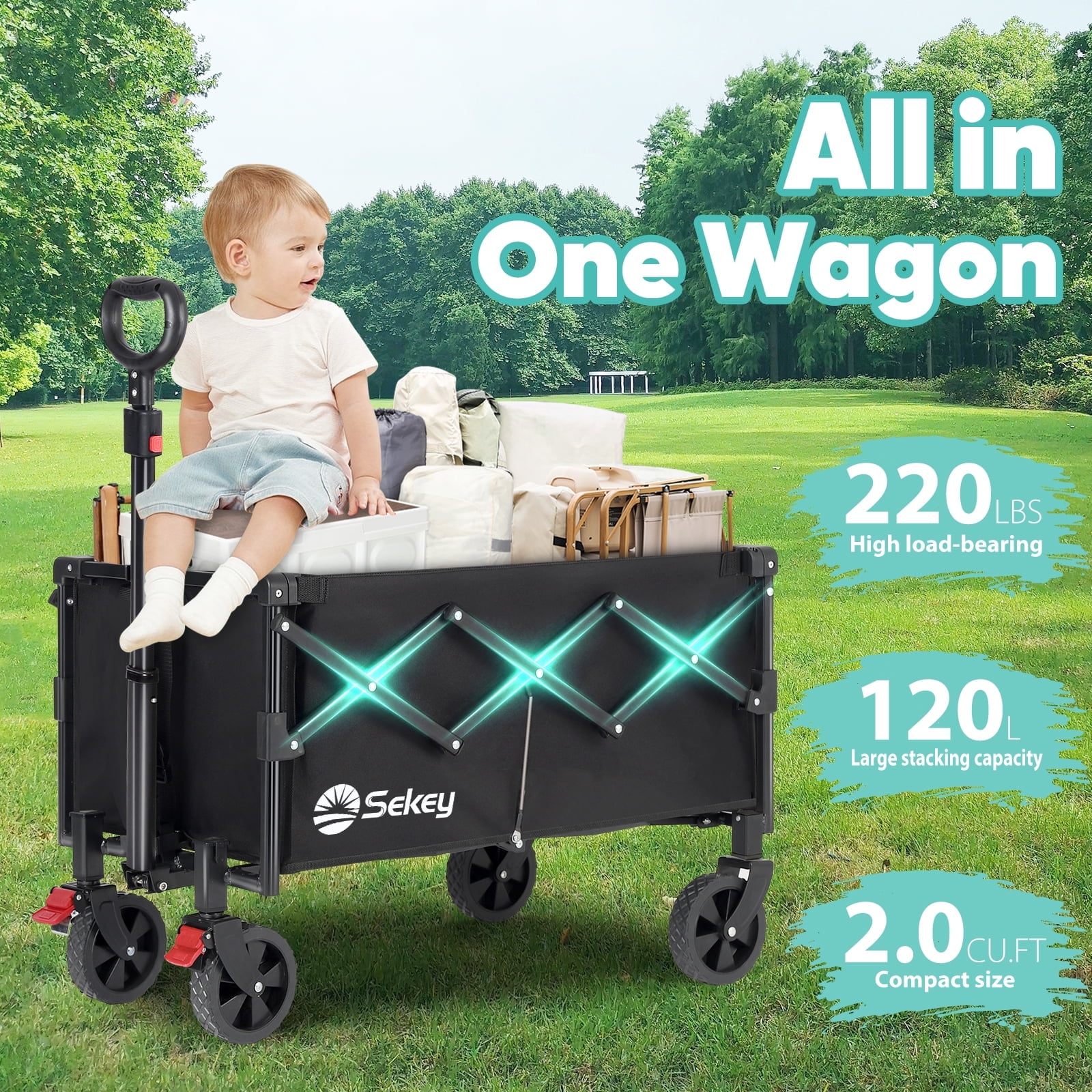 Sekey 220lbs Collapsible Wagon Cart 120L Large Capacity Heavy Duty Wagon Foldable Wagon Cart ...