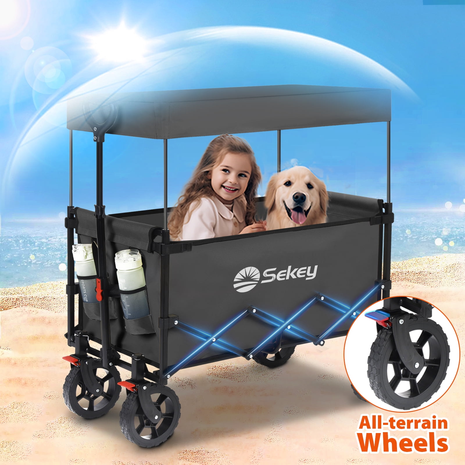 Sekey 250L Collapsible Wagon with Canopy, 330lbs Foldable Wagon, 600D ...