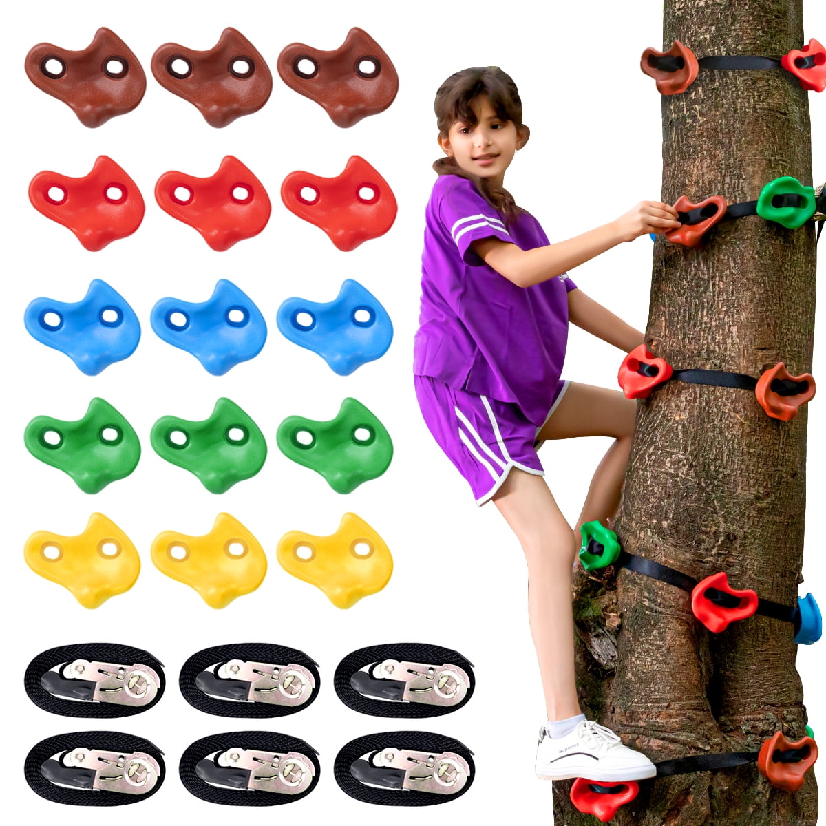 Sekkvy Rock Climbing Set - 15 Holds for Kids & Adults with 6 Straps for ...