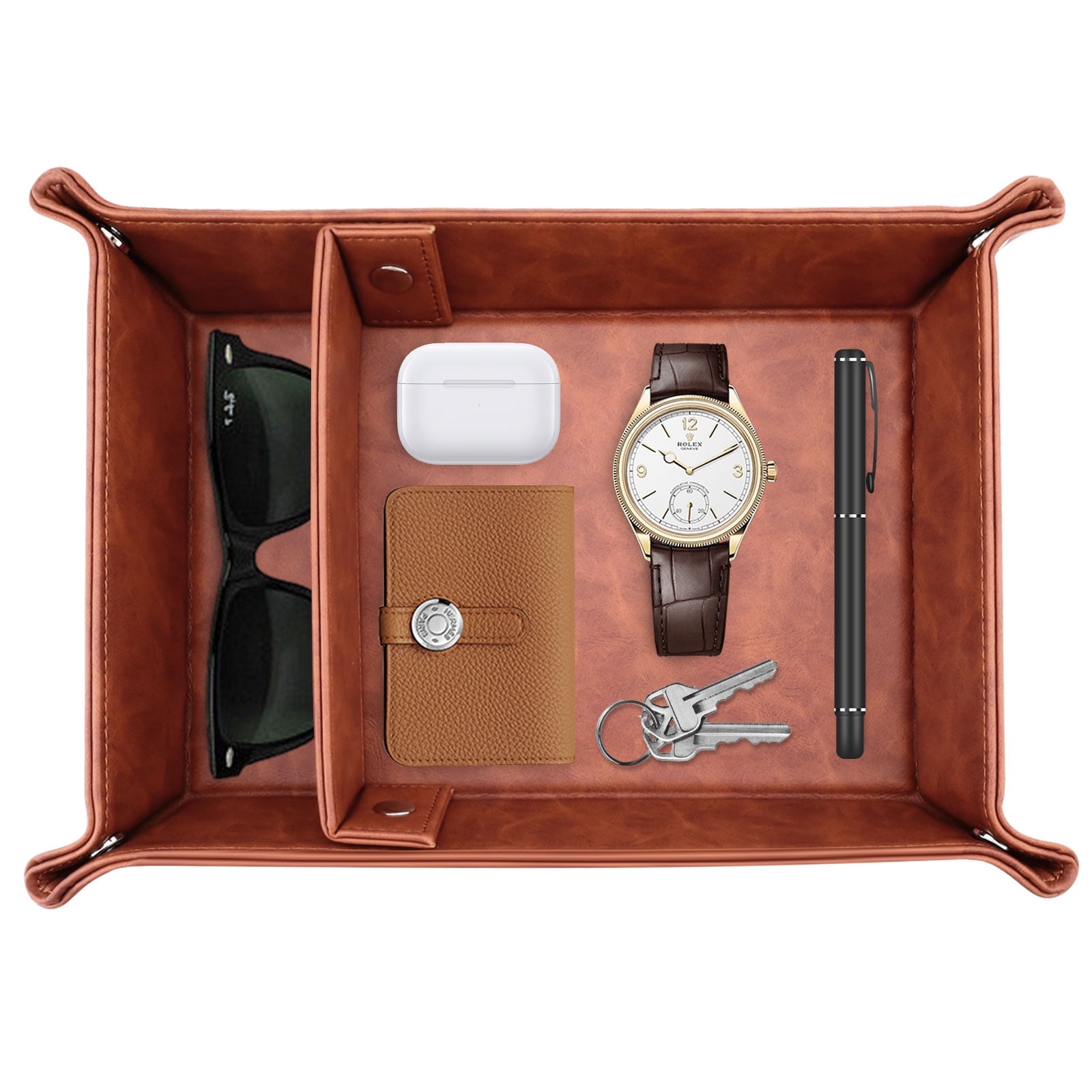 Sekonow Leather Valet Tray for Men, 2 Compartments Key Tray Nightstand ...