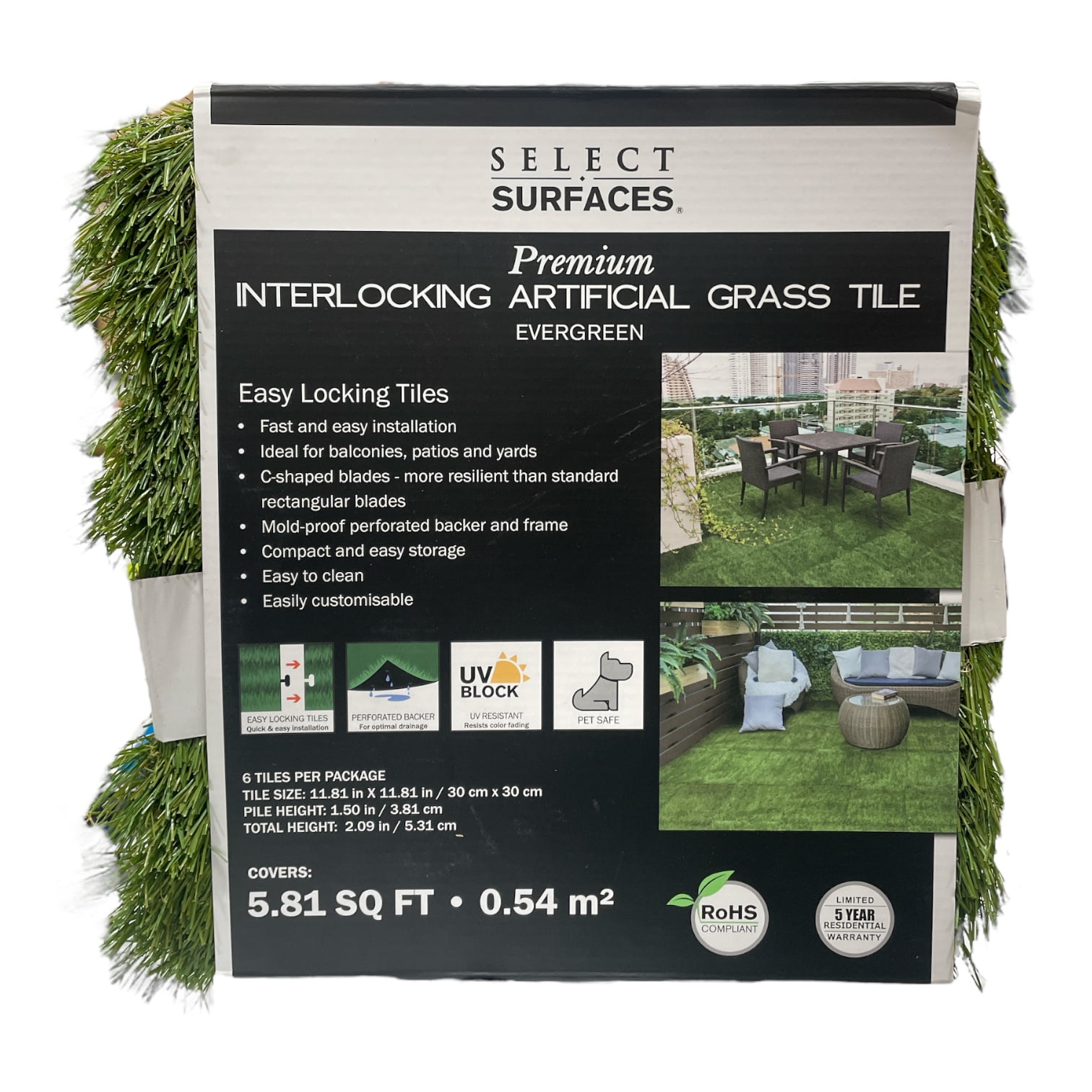 Select Surfaces Interlocking Artificial Grass Tile, 11.81", 5.81 Sq Ft ...