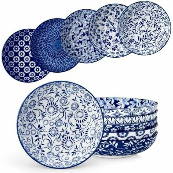 Selene 8.5" Pasta Bowls Set of 6, 40 oz Porcelain Shallow Salad Bowls ...