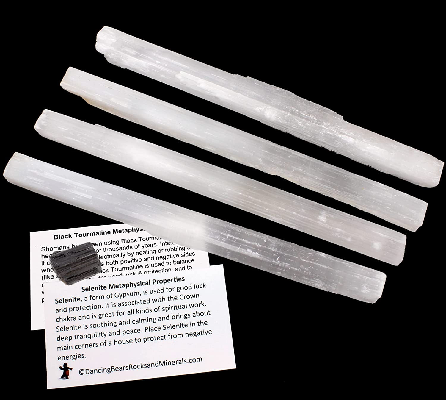 Selenite Large Sticks (4) 6-8" with Bonus Black Tourmaline Crystal ...