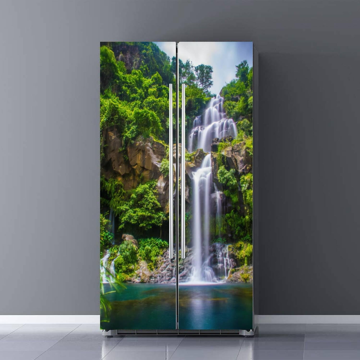 Self Adhesive Vinyl Refrigerator Wrap Set Beautiful Waterfall Reunion ...