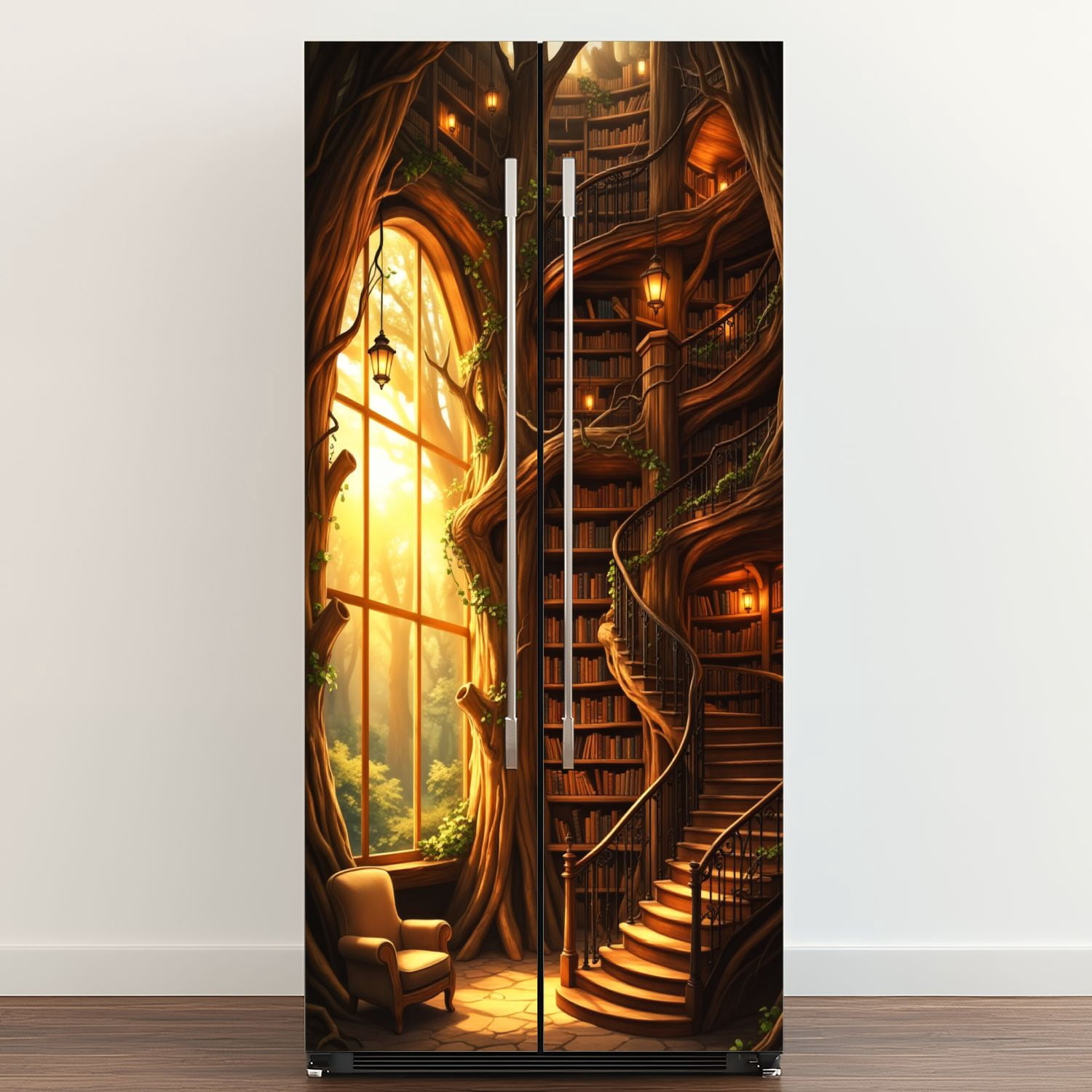 Self Adhesive Vinyl Refrigerator Wrap Set Fantasy Treehouse Bookshelf ...