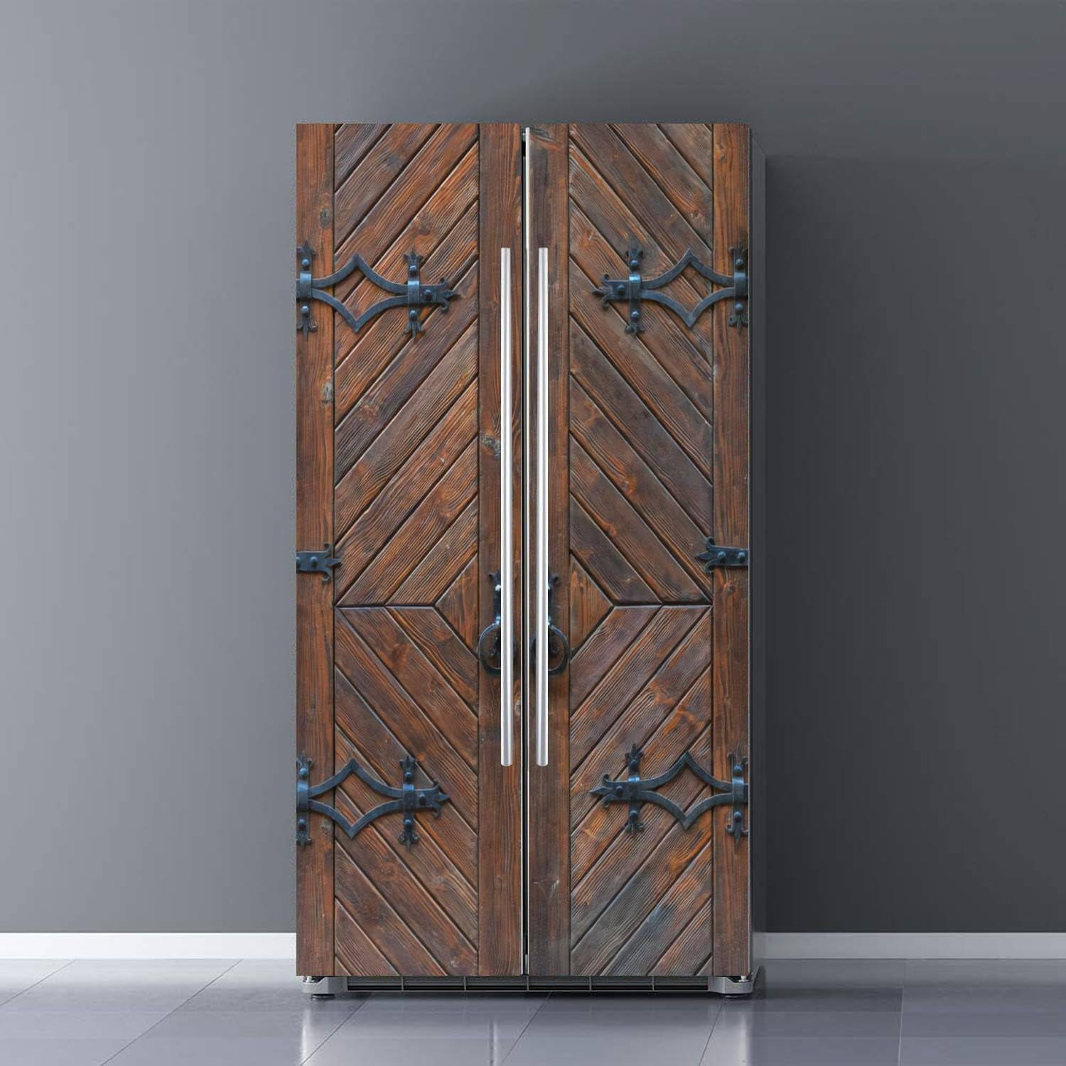 Self Adhesive Vinyl Refrigerator Wrap Set Grunge Brown Wooden Door ...