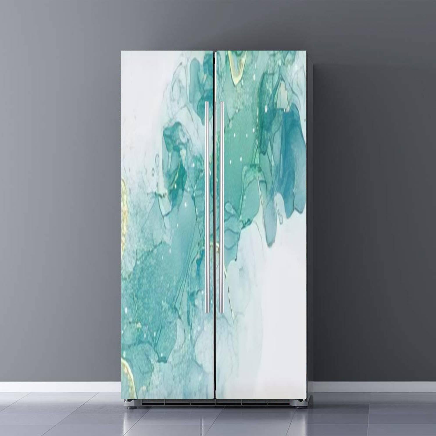 Self Adhesive Vinyl Refrigerator Wrap Set Pastel Cyan Mint Marble ...