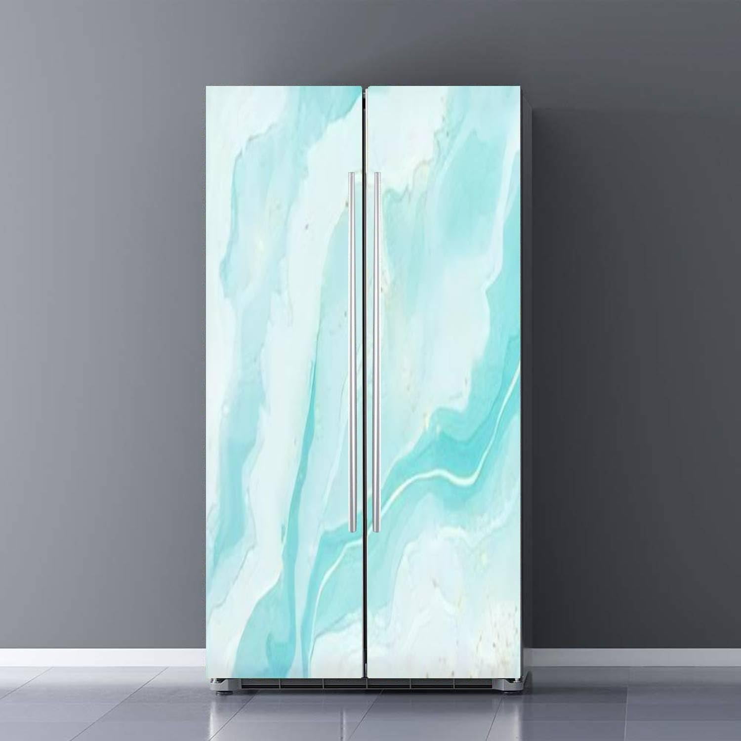 Self Adhesive Vinyl Refrigerator Wrap Set Pastel Cyan Mint Marble ...