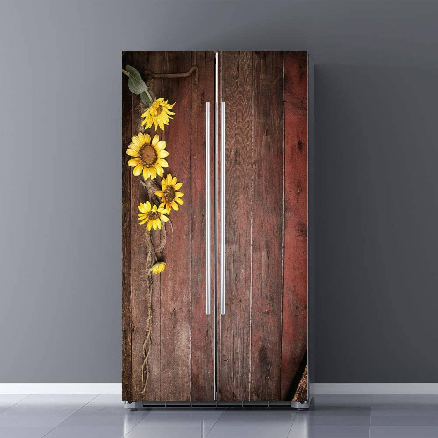 Self Adhesive Vinyl Refrigerator Wrap Set - Sunflowers & Old Barn Door ...