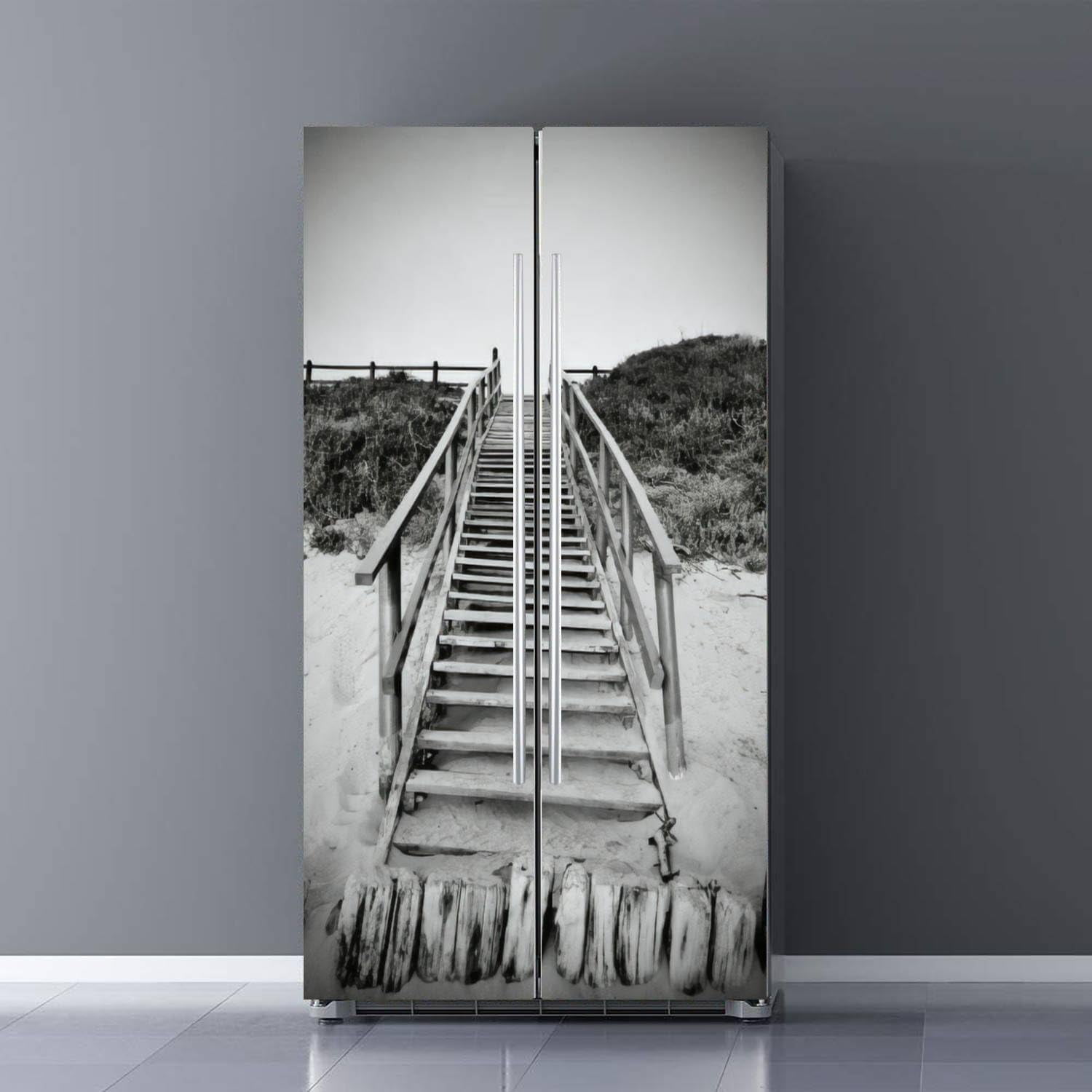 Self Adhesive Vinyl Refrigerator Wrap Set View a Sandy Beach Stairs ...