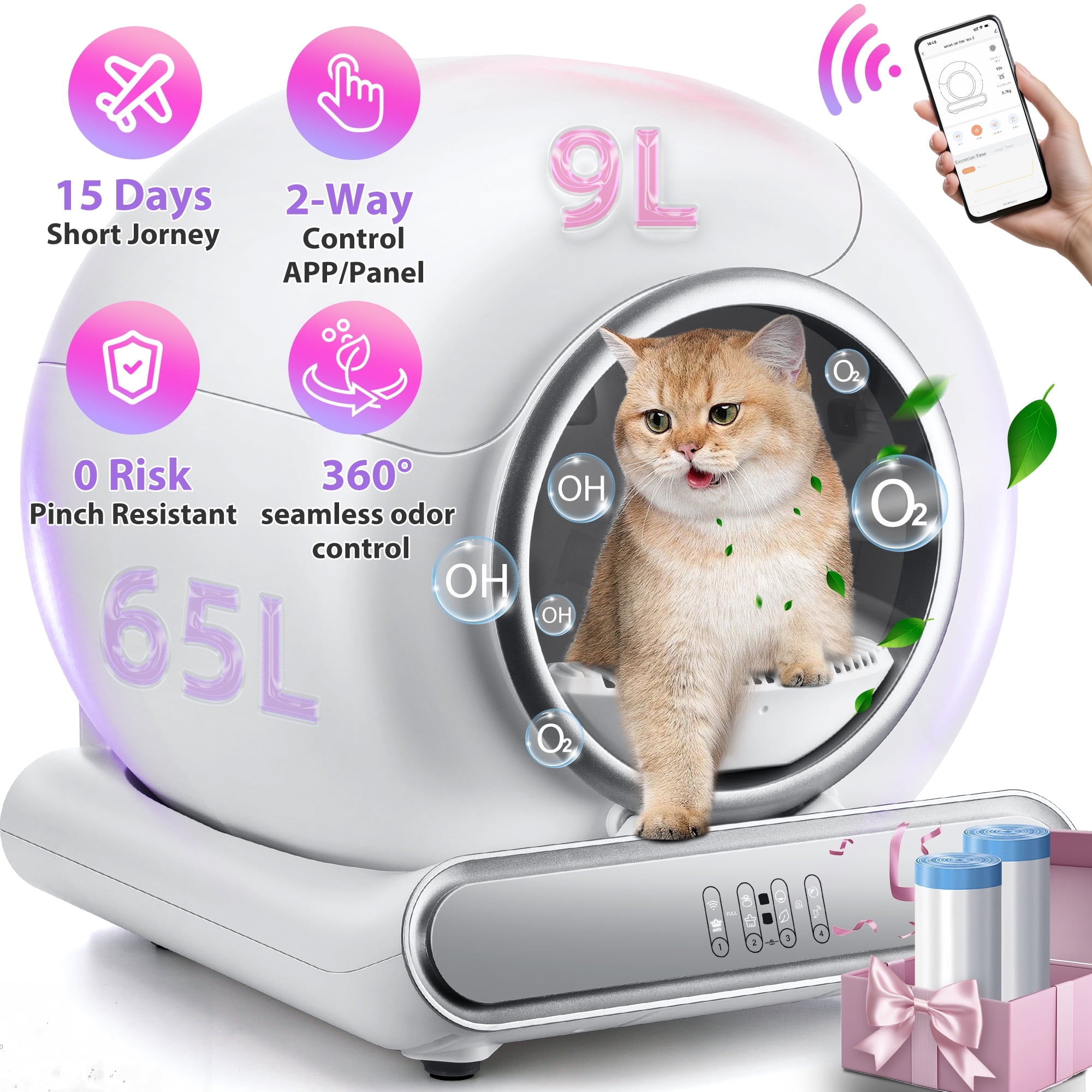 Self-Cleaning Cat Litter Box 74L Large Capacity - WiFi APP Control with ...