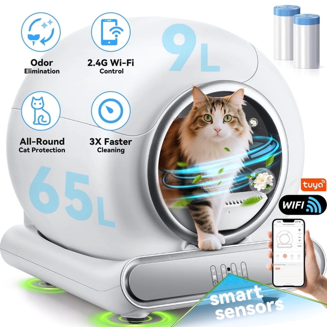 Self Cleaning Cat Litter Box, Automatic Litter Box with Liner, 65+9L ...