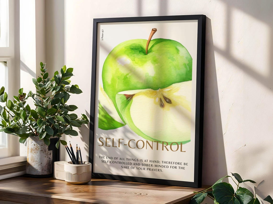 Self Control Green Apple Poster Christian Scripture Art for Bright and ...