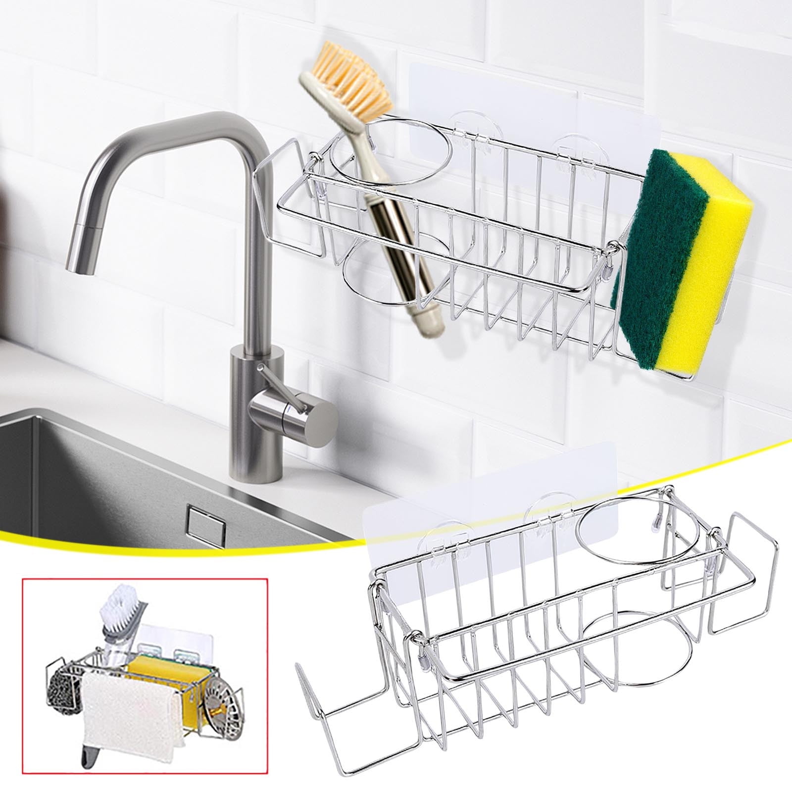 Self-Draining Kitchen Sink Sponge Holder with Removable Rod ...