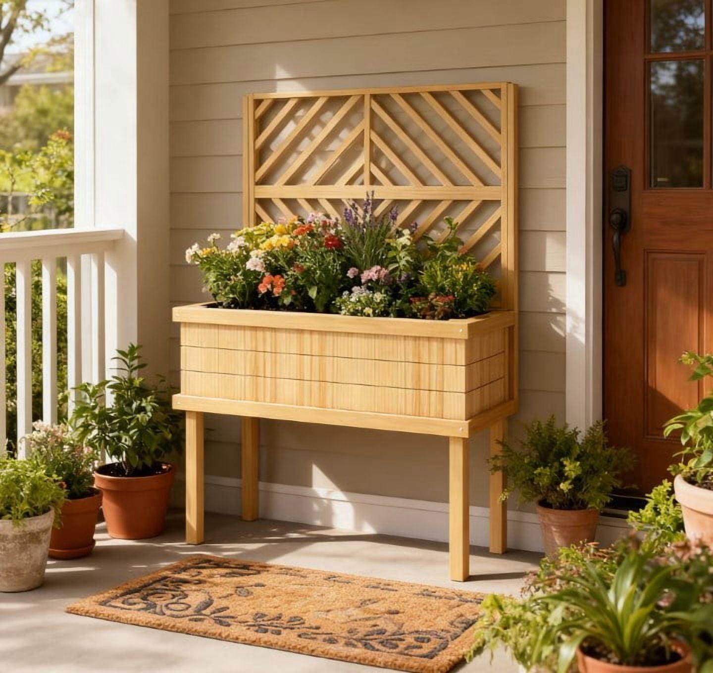 Self-Draining Raised Garden Bed, Elevated Wood Planter with Trellis for ...