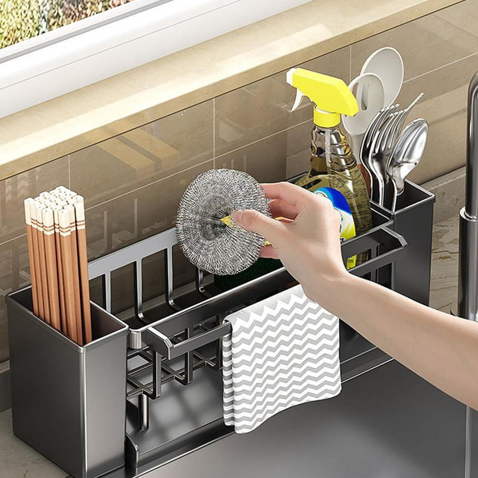 Self-Draining Sink Shelf Soap Sponge Holder Dishcloth Towel Rack Filter ...