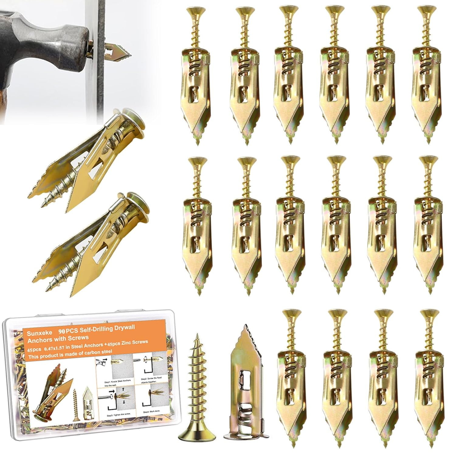 Self Drilling Drywall Anchors with Screws,100 Sheetrock Anchors (0.47x1 ...
