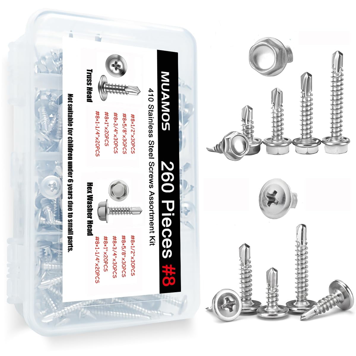 Self Drilling Screws #8 260PCS, 410 Stainless Steel Sheet Metal Screws Assortment Kit Hex Washer ...
