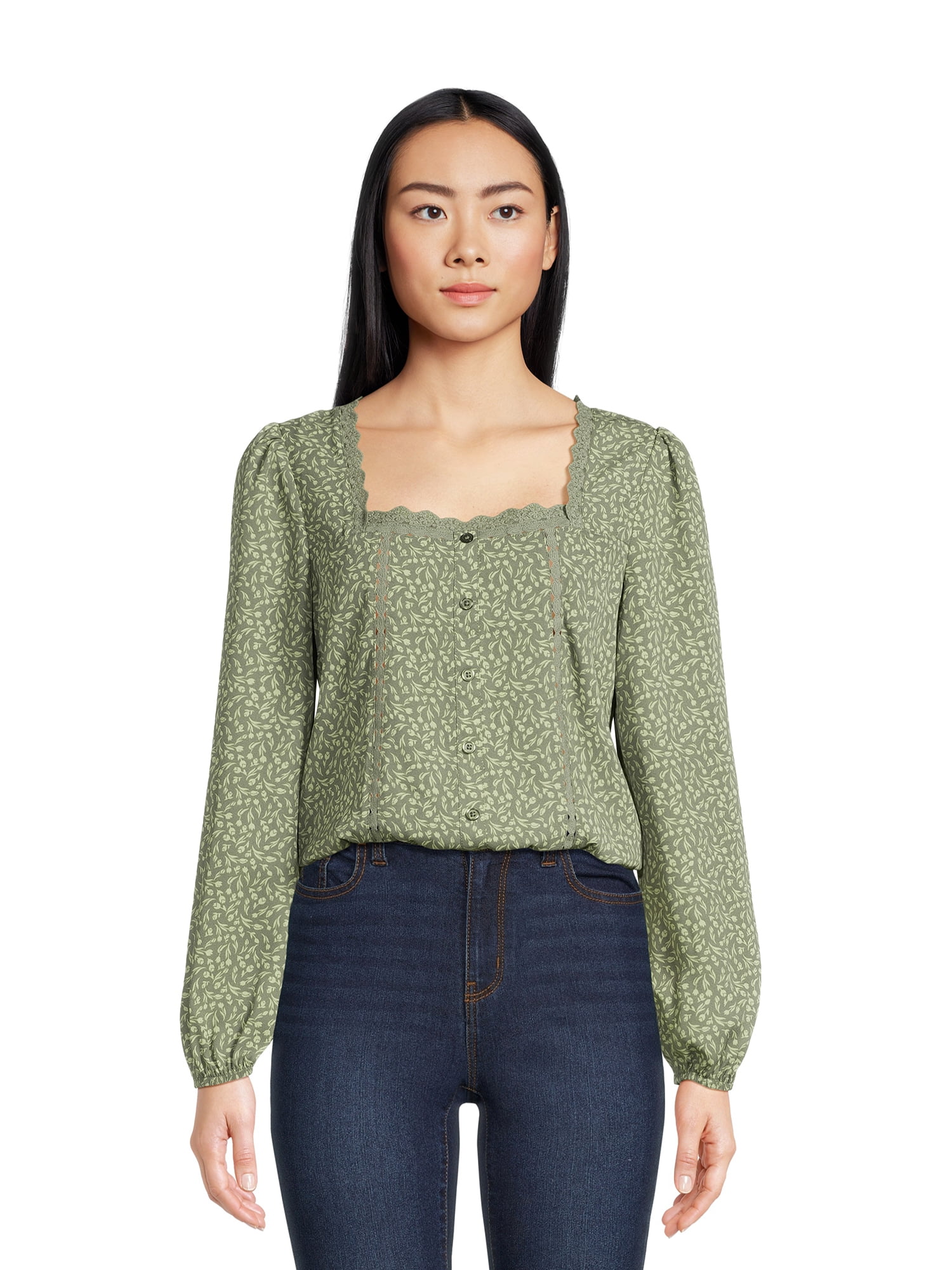 Self Esteem Juniors Square Neck Lace Trim Crop Top, Long Sleeves, Sizes ...