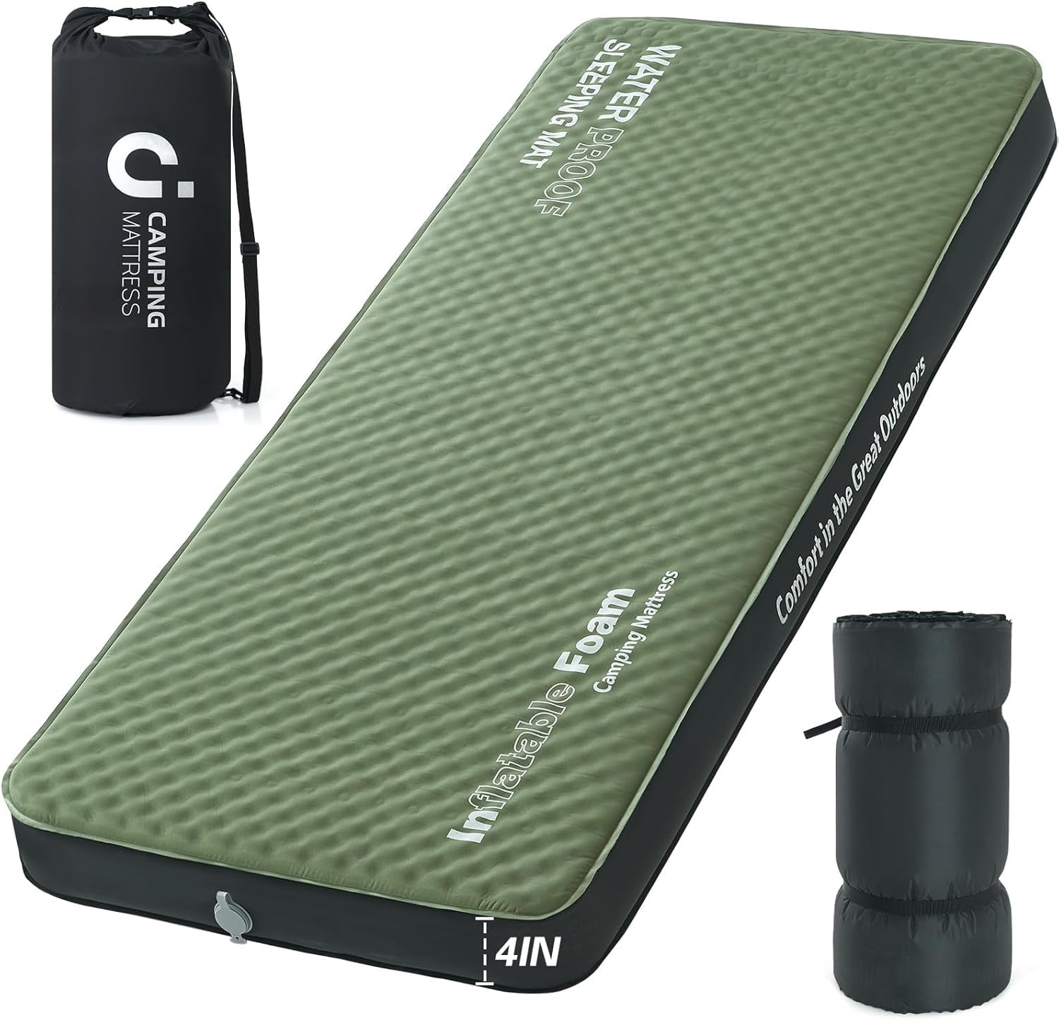 Self Inflating Sleeping Pad, 4in Ultra-Thick Foam Camping Car Mattress ...