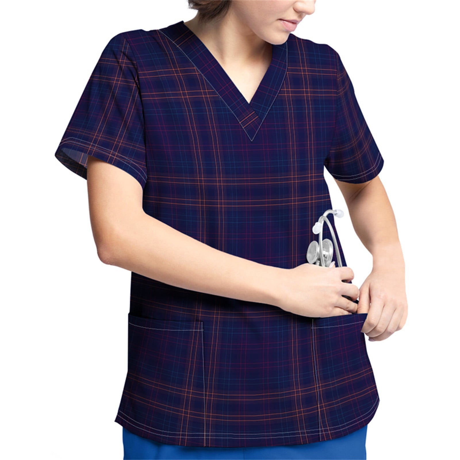 Plus Size Printed Scrub Working Uniform Tops for Women V-Neck Short ...