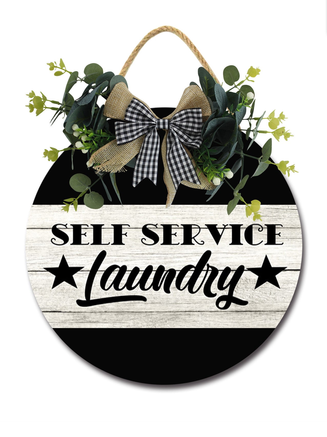 Self Service Laundry Sign Front Door Porch Decorations, Round Rustic ...