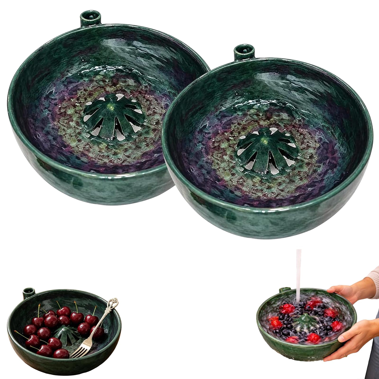 Self-Spinning Berry Washing Bowl, Ceramic Fruit Washer Colander with ...