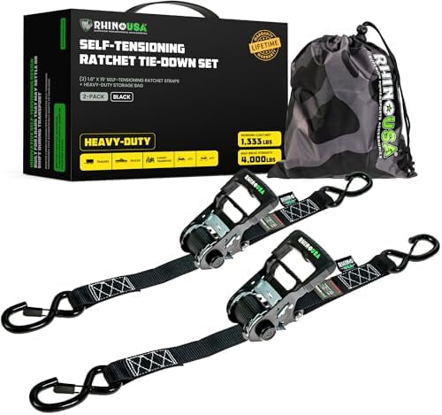 Self Tensioning Ratchet Tie Down Straps (2PK 1.6INX15FT) - Heavy Duty Patented Cargo Strap Keeps ...