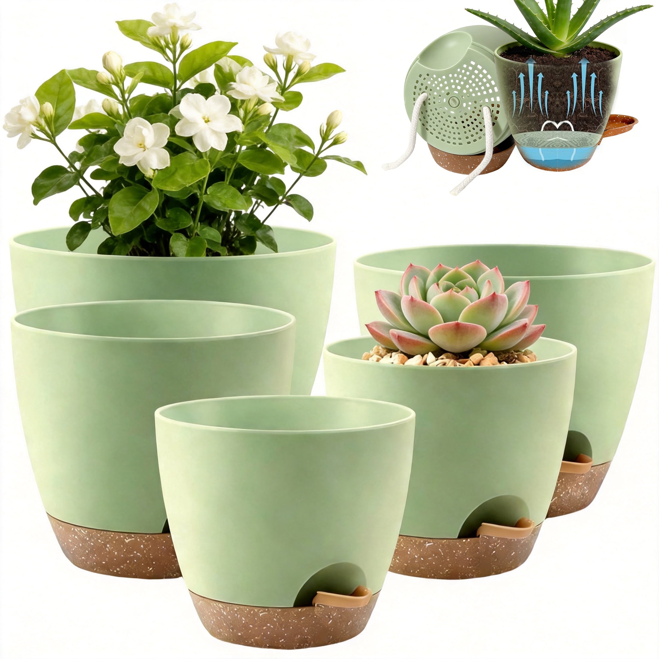 Self Watering Plant Pots Set of 5, 7/6.5/6/5.5/5 Inch Flower Plant Pots ...