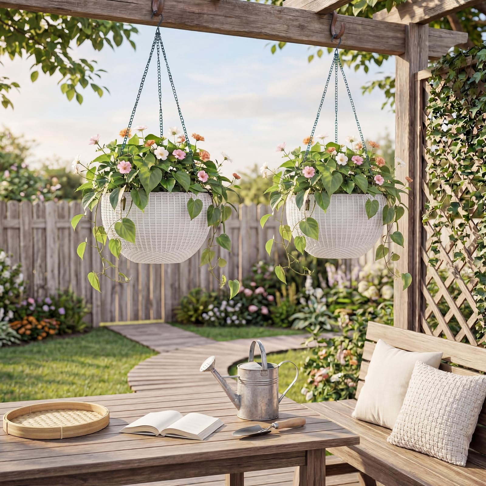 Self-Watering Resin Hanging Planter, 13.8in Round Rattan Style Pot with ...