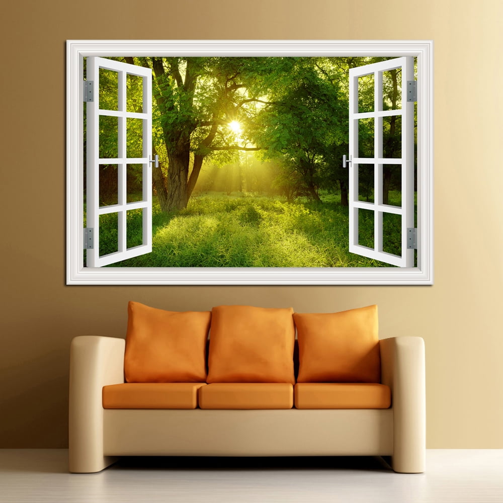 Self-adhesive Forest Landscape Wall Sticker Vinyl Nature Green Tree ...