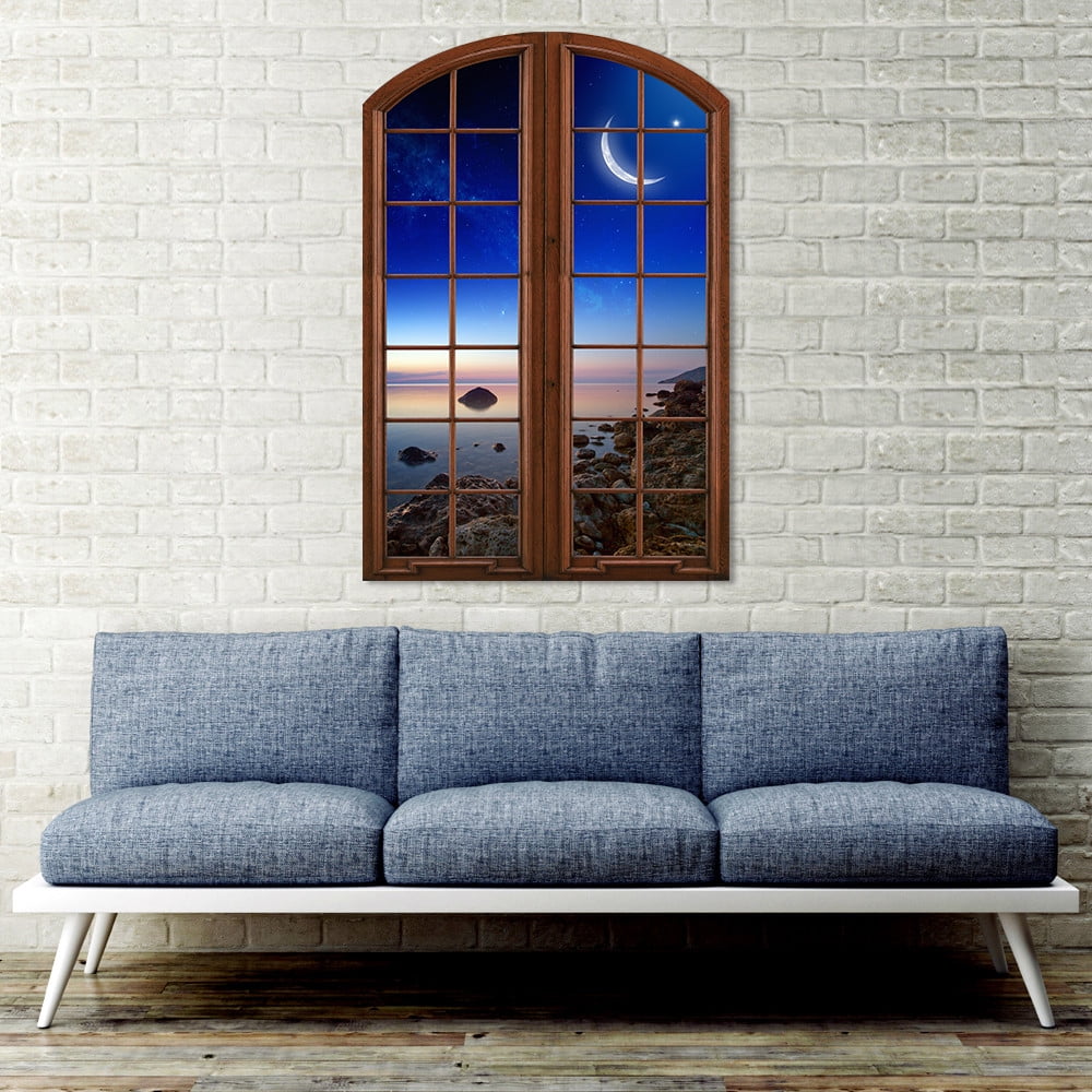 Self-adhesive Night Landscape Arched Fake Window Poster Moon Lake ...
