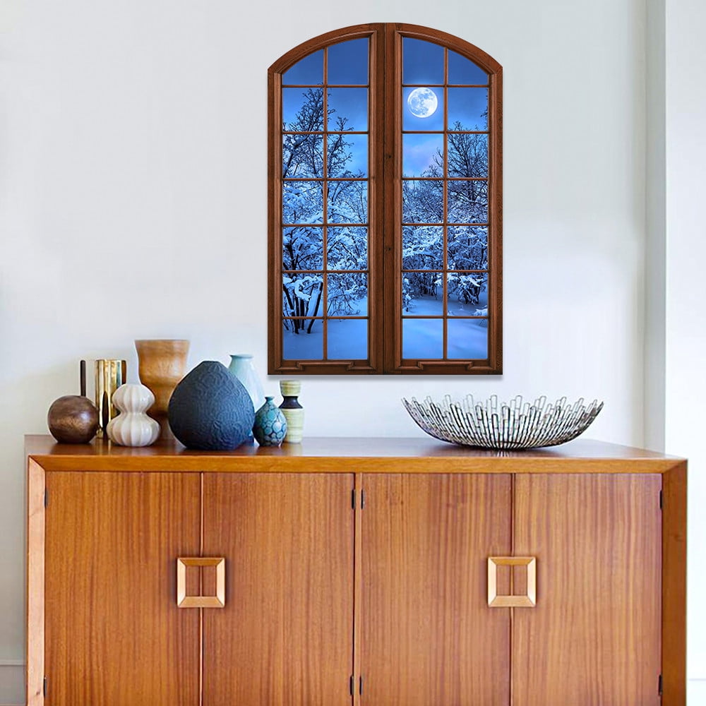 Self-adhesive Night Landscape Arched Fake Window Poster Moon Lake ...