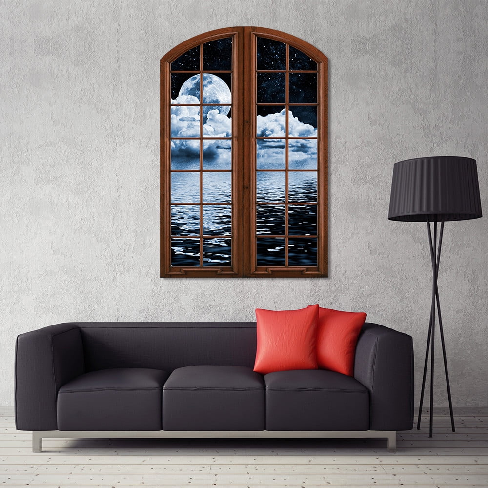 Self-adhesive Night Landscape Arched Fake Window Poster Moon Lake ...