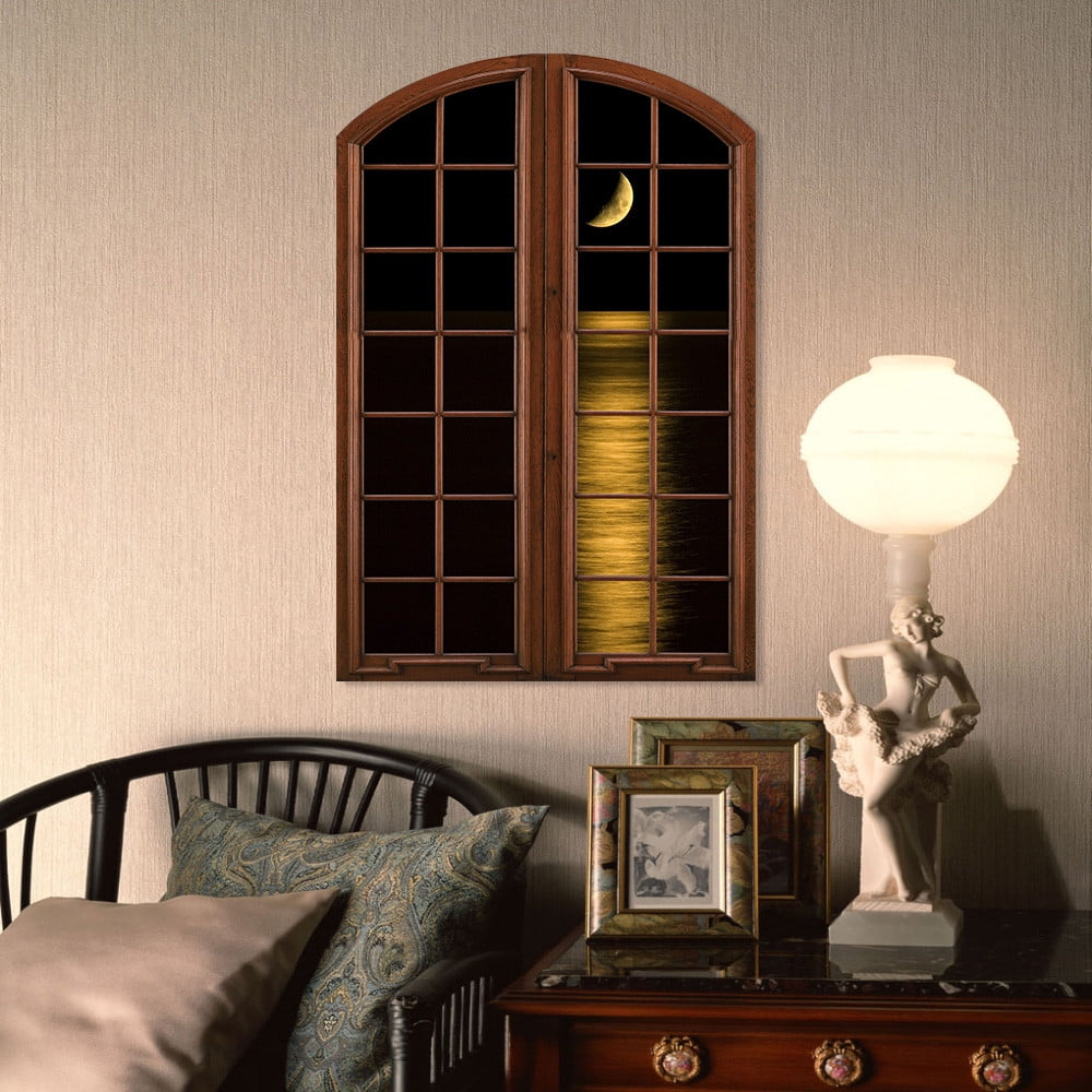 Self-adhesive Night Landscape Arched Fake Window Poster Moon Lake ...