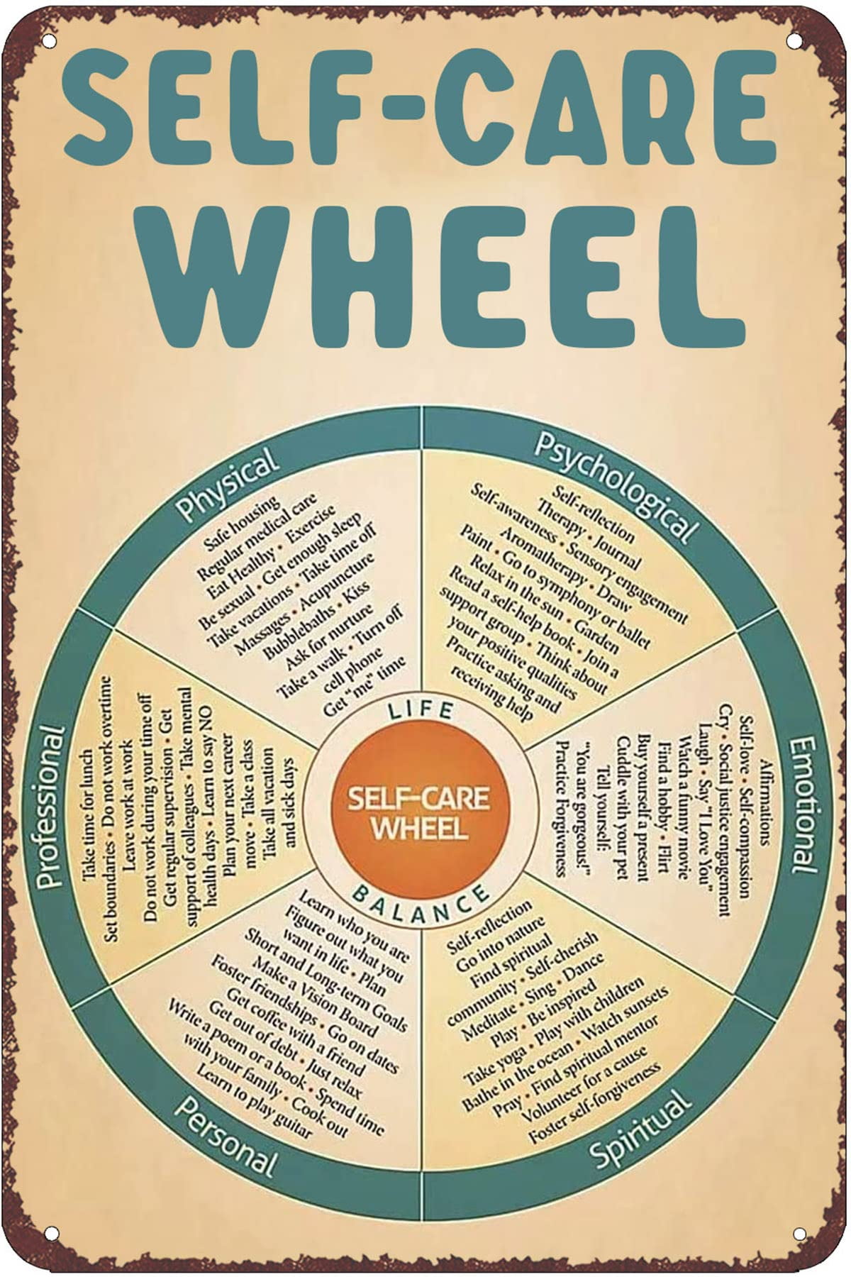 Self-care Wheel Rustic Metal Tin Sign Self Care Art, Self Care Chart ...