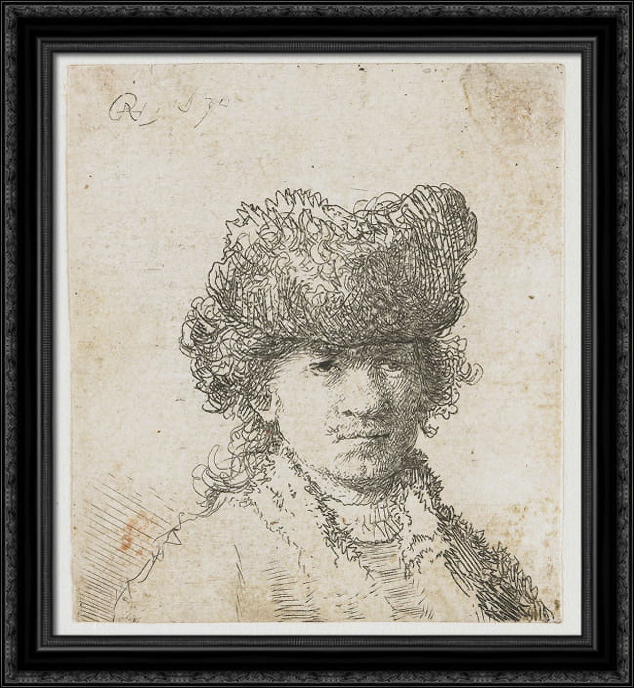 Self-portrait in a fur cap bust 28x32 Large Black Ornate Wood Framed ...