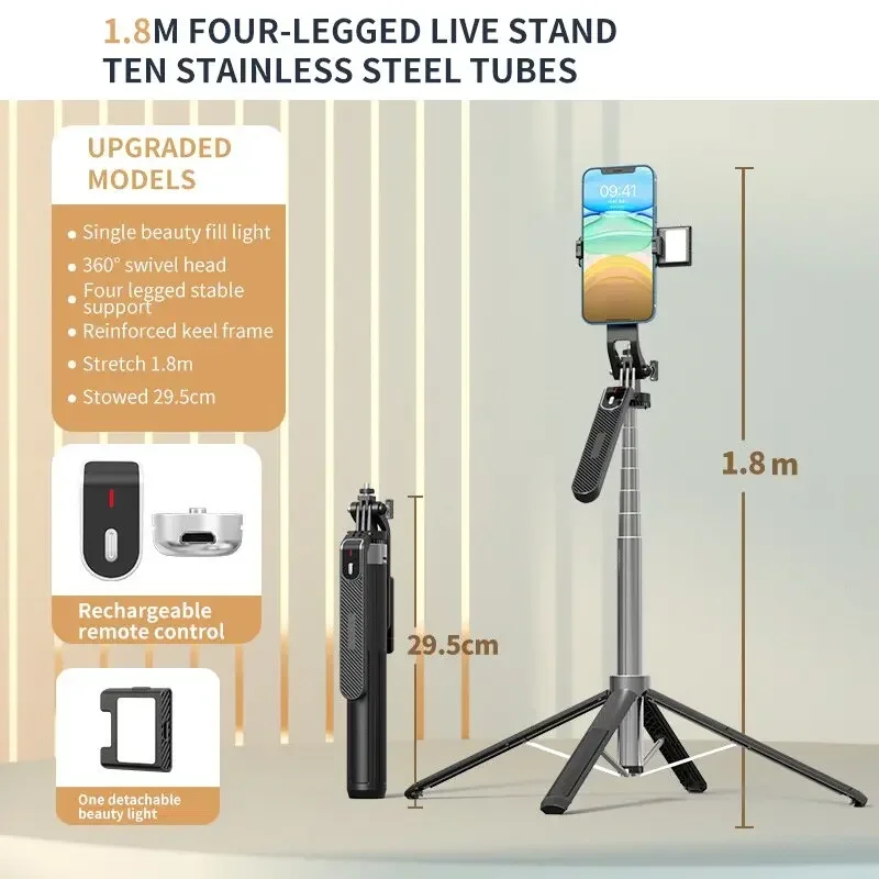 Selfie Stick 360° Rotation with Fill Light 1.8M Extendable Selfie Stick ...