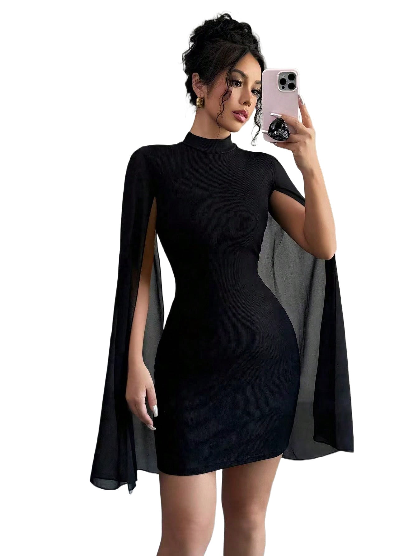Selianne Mini Slim-Fit Stand Collar Cape Solid Color Dress Fall Cloth ...