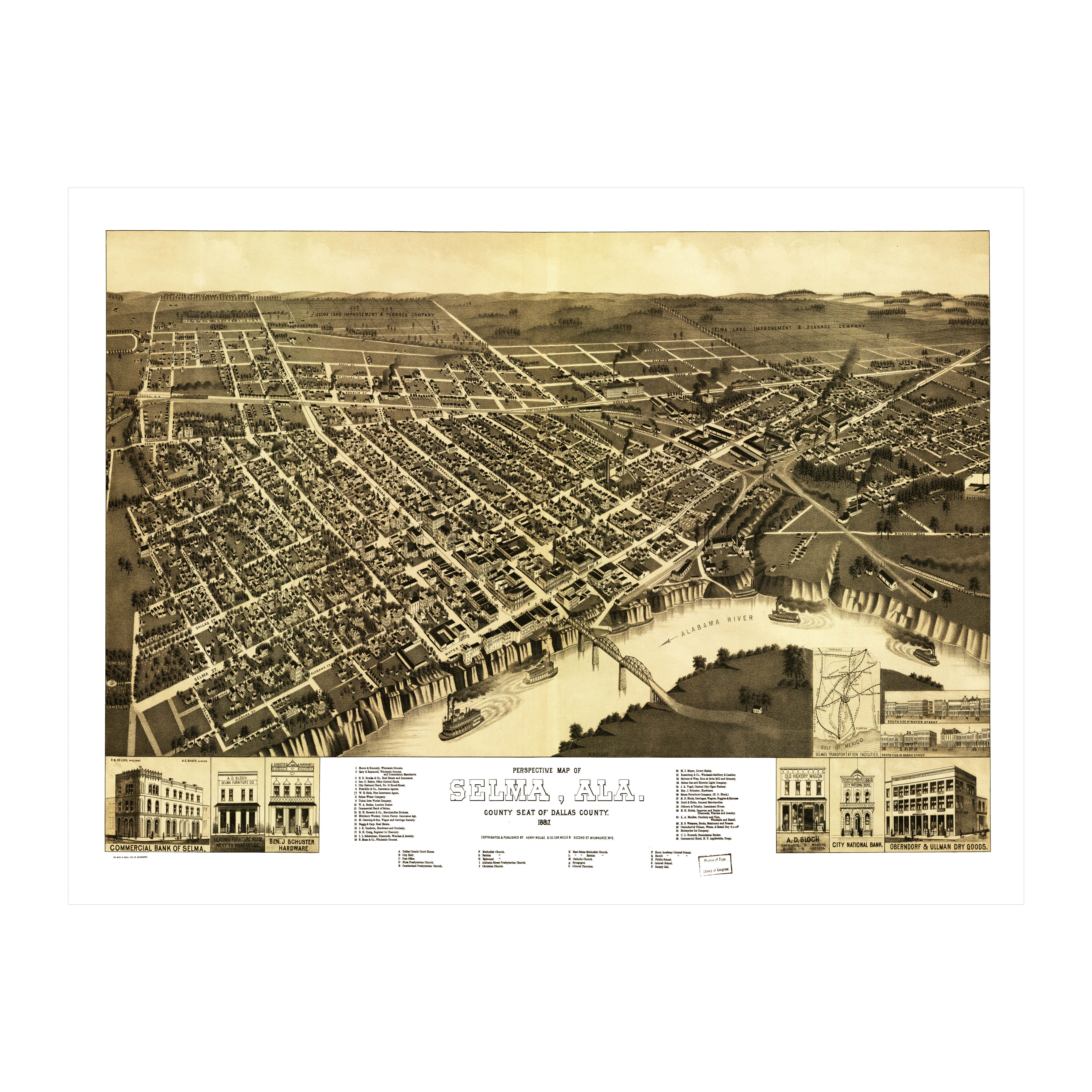 Selma Art, 1887 Vintage Map of Selma Alabama, AL History Wall Decor ...