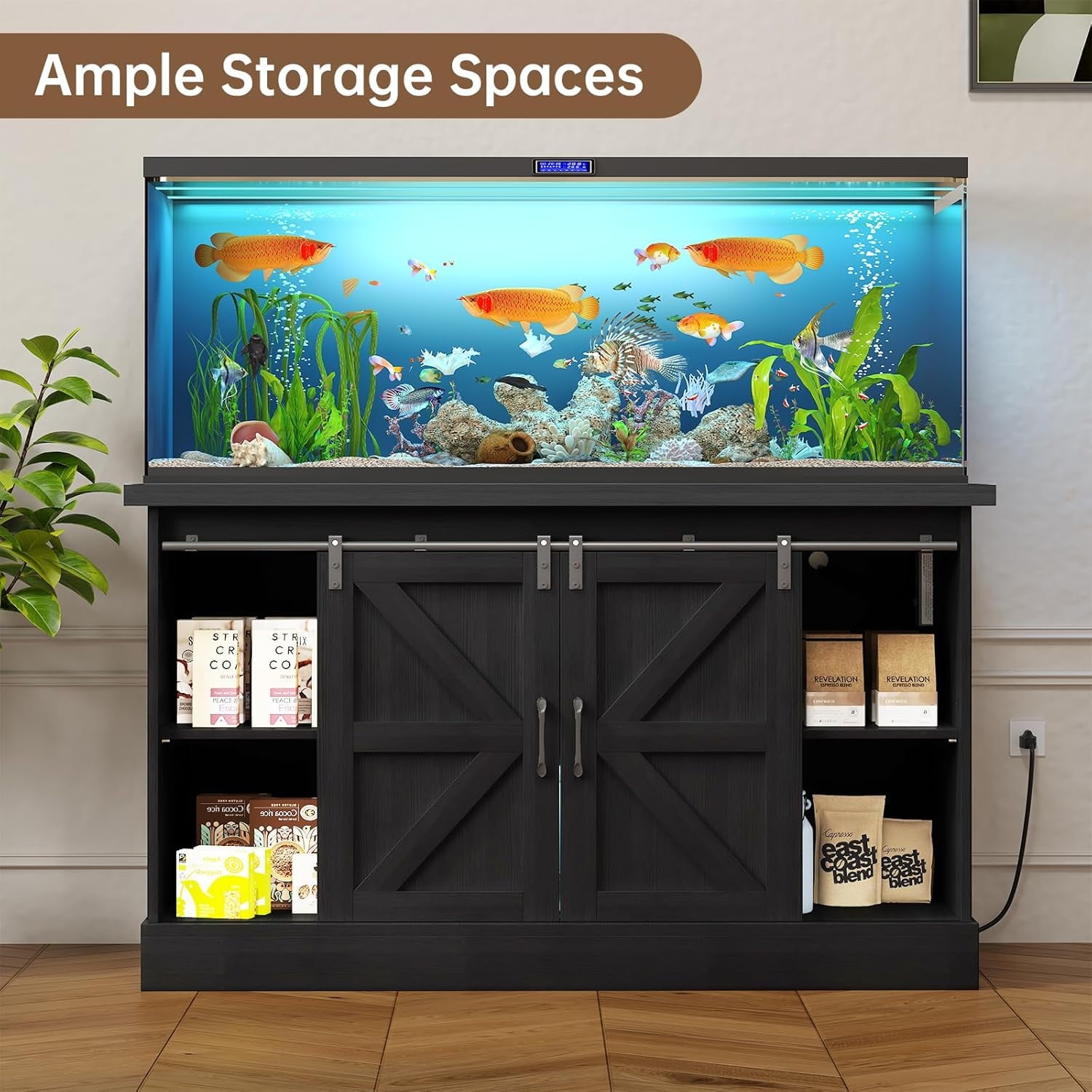 Selooye 55-75 Gallon Fish Tank Stand with Sliding Barn Doors & Power ...