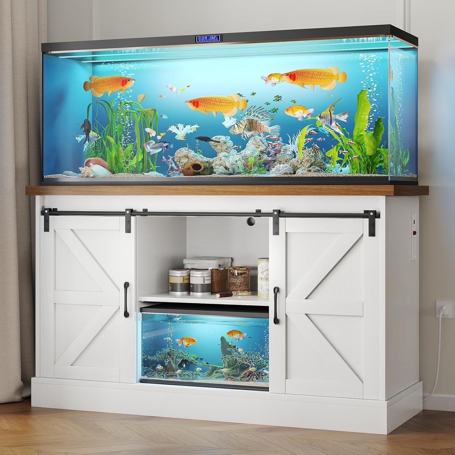 Selooye 55-75 Gallon Fish Tank Stand with Sliding Barn Doors & Power ...