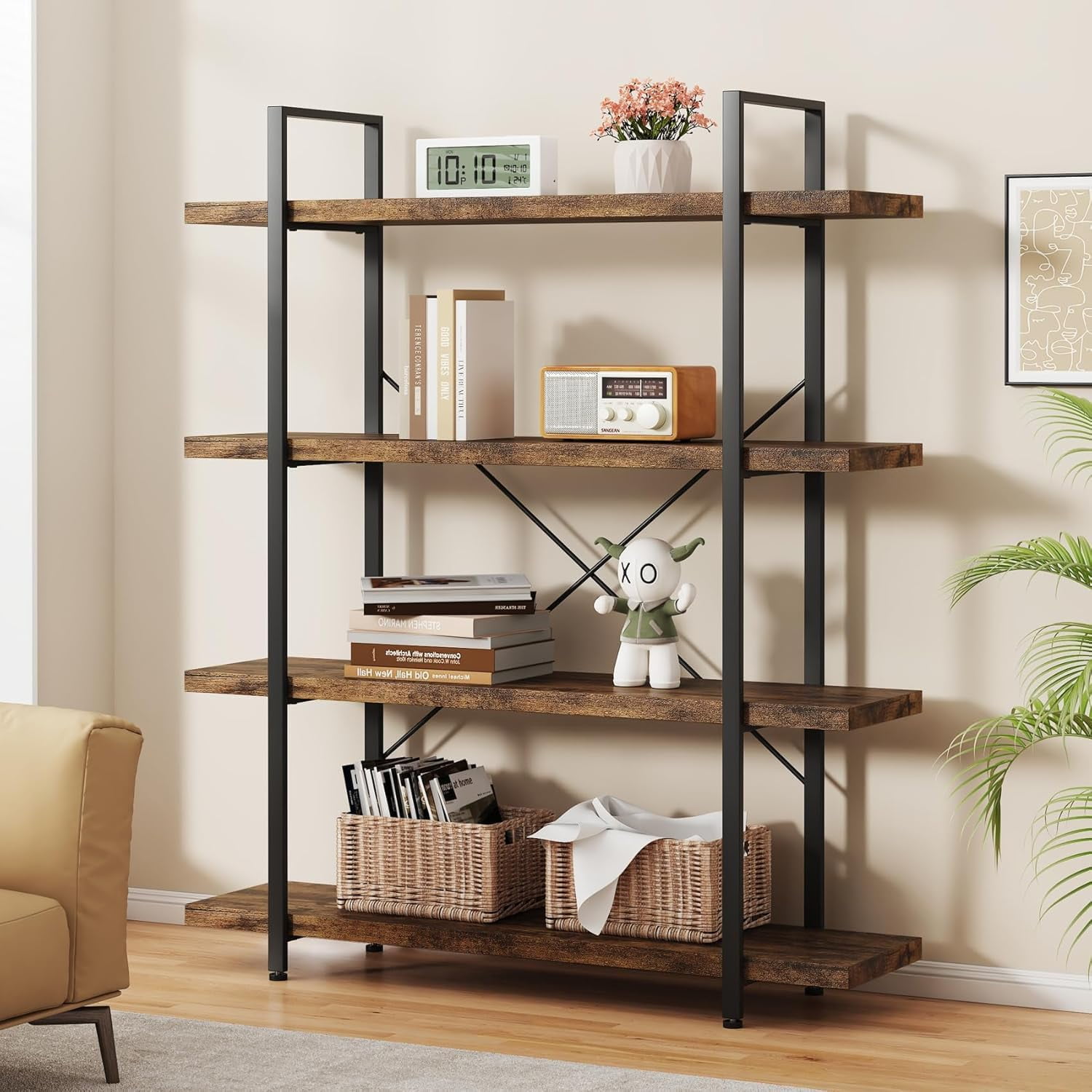 Selooye Bookshelf, 4 Tier Book Shelf 55Inch Tall Bookcase, Industrial ...