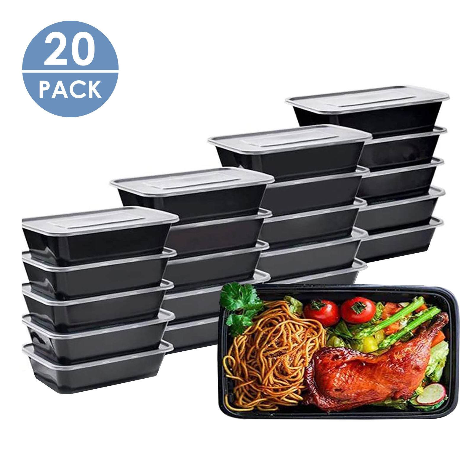 [50 Count] 32 oz Black Plastic Meal Prep Containers with Lids - Round ...