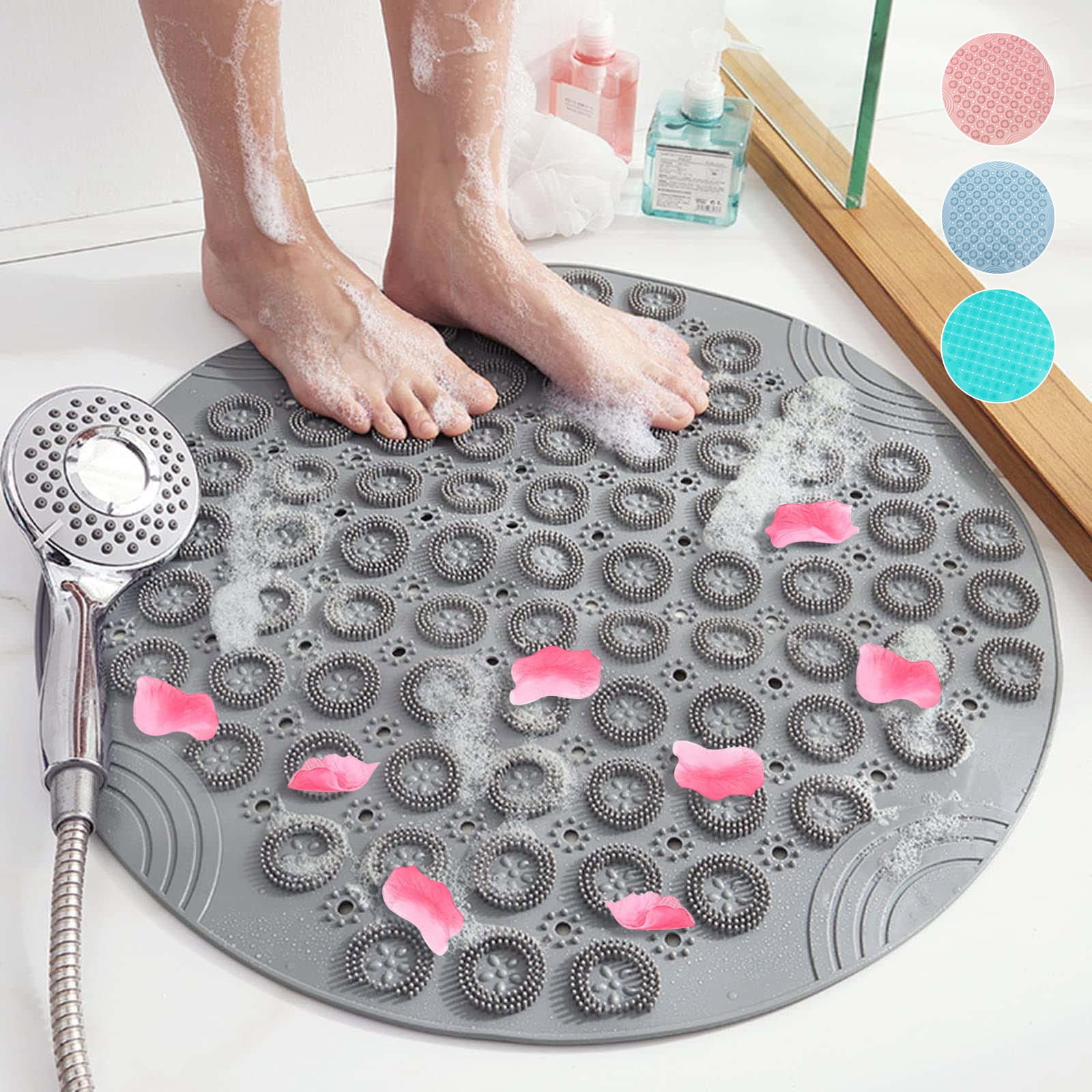 Semfri Gray Round Shower Mat 22 x 22 Inches Textured Surface with Drain ...